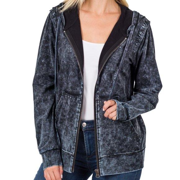Zenana Outfitters | Tops | Mineral Wash Zippers Hoodie Jacket Blue Grey ...